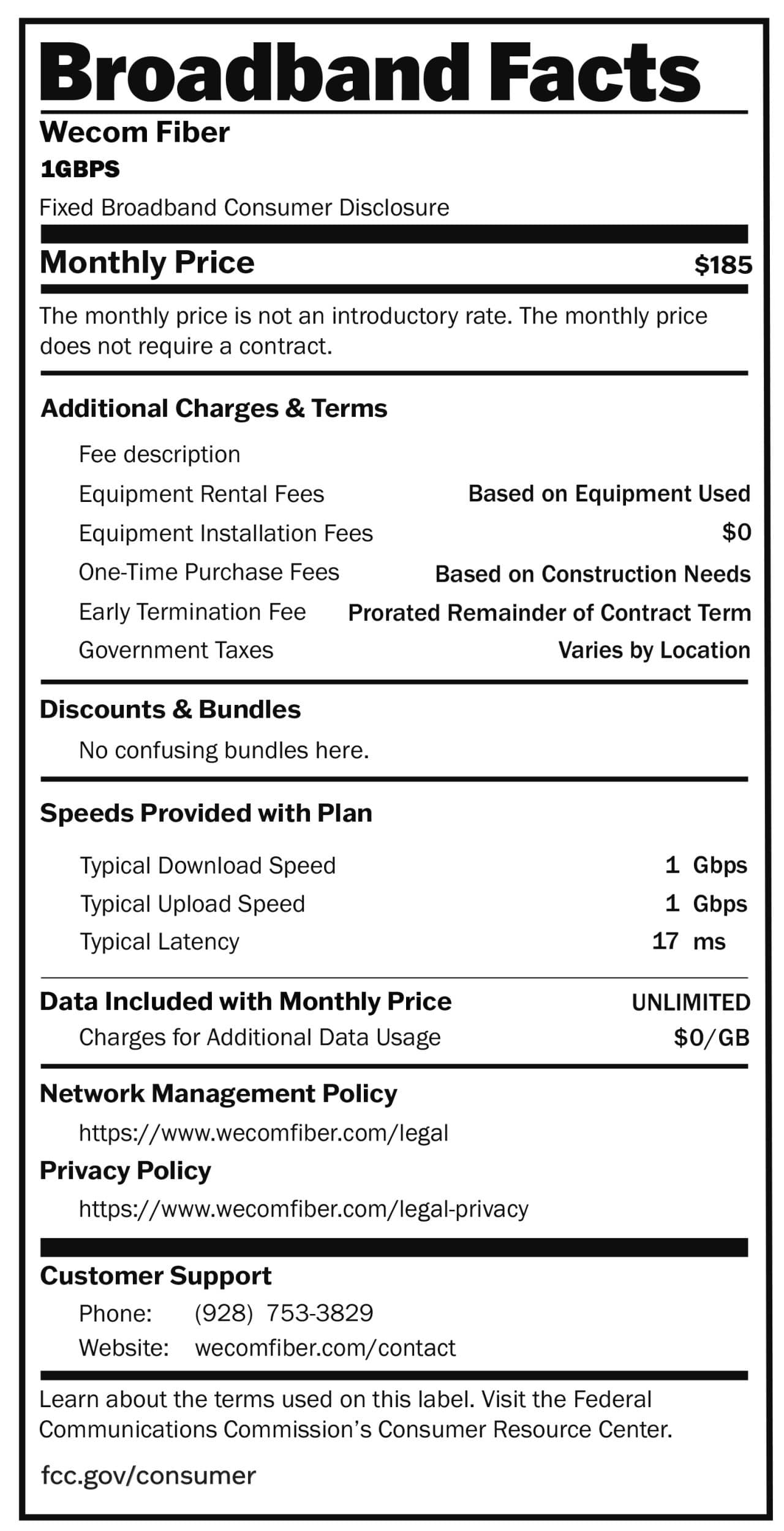 Wecom Fiber Broadband Consumer Labels