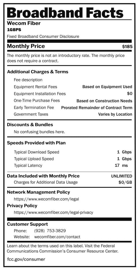 Wecom Fiber Broadband Consumer Labels