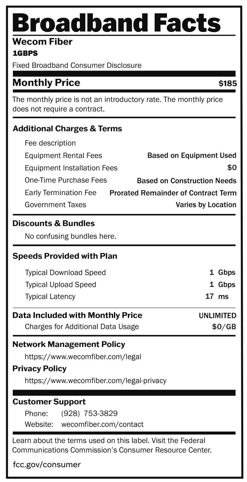 Wecom Fiber Broadband Consumer Labels