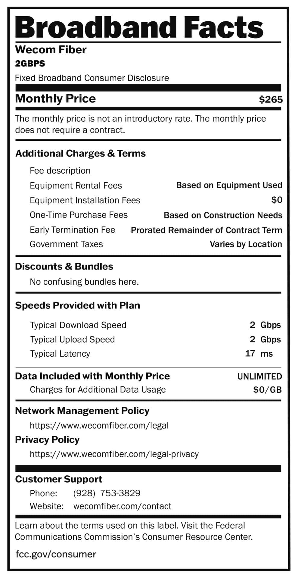 Wecom Fiber Broadband Consumer Labels