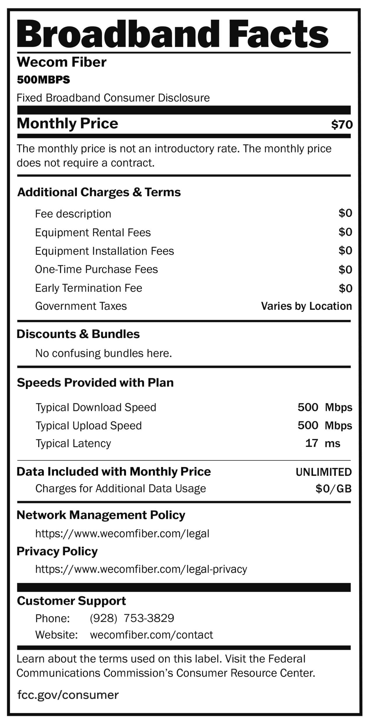 Wecom Fiber Broadband Consumer Labels